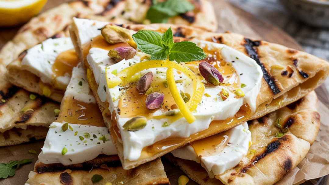 Grilled Naan Flatbread with Whipped Feta and Honey - recipeinquirer.com