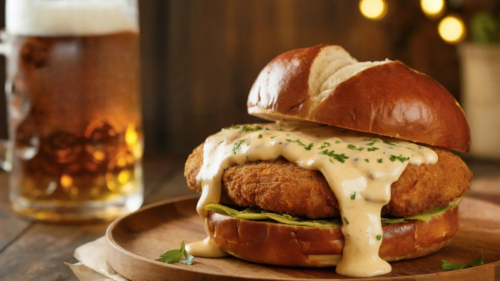 Crispy Schnitzel Sandwich with Beer Cheese Sauce - recipeinquirer.com
